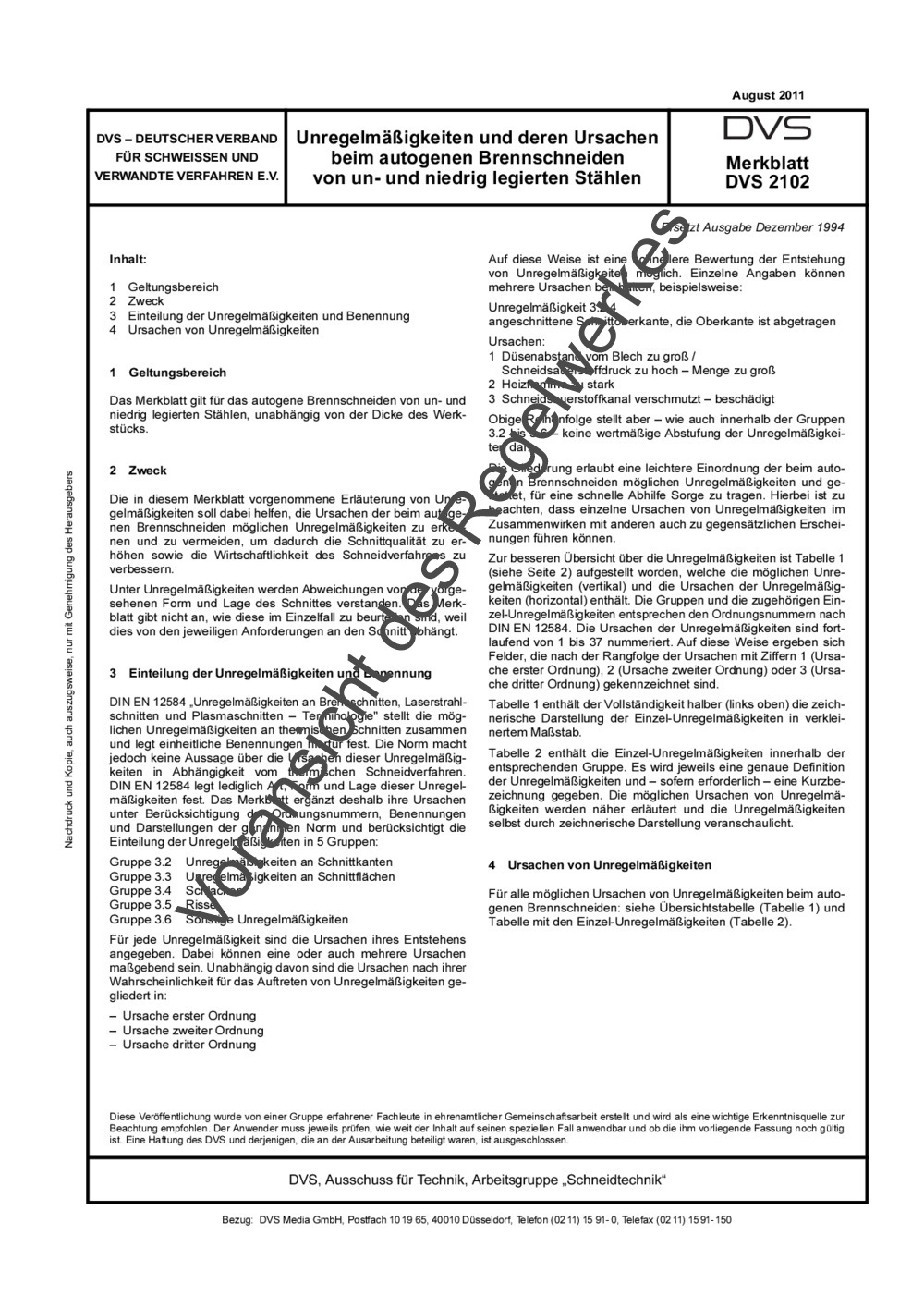Technical Bulletin DVS 2102 (08/2011) / Cutting technology - DVS-Regelwerksportal